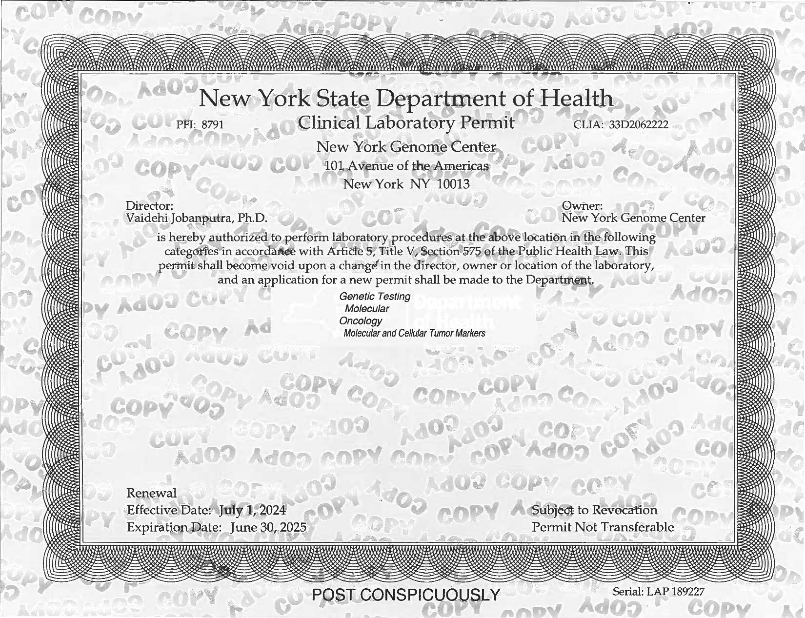 Lab Permits and Accreditations - New York Genome Center